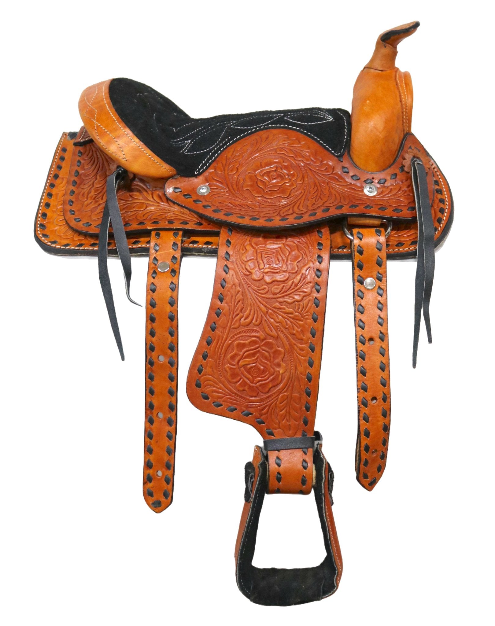 10" Tan Kids Pony Buckaroo Buckstitch Laced Cowboy Saddle - M-Royal Saddles