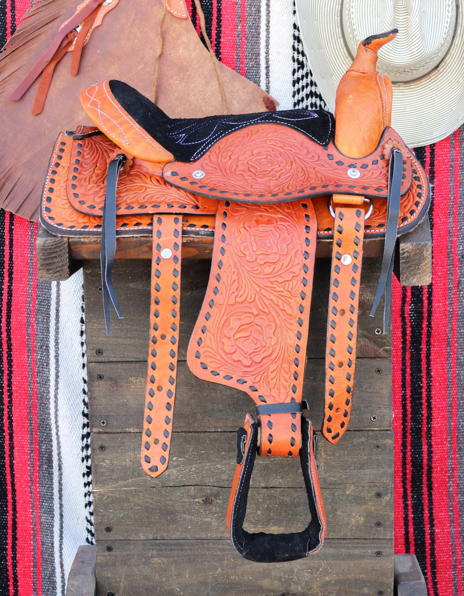 10" Tan Kids Pony Buckaroo Buckstitch Laced Cowboy Saddle - M-Royal Saddles
