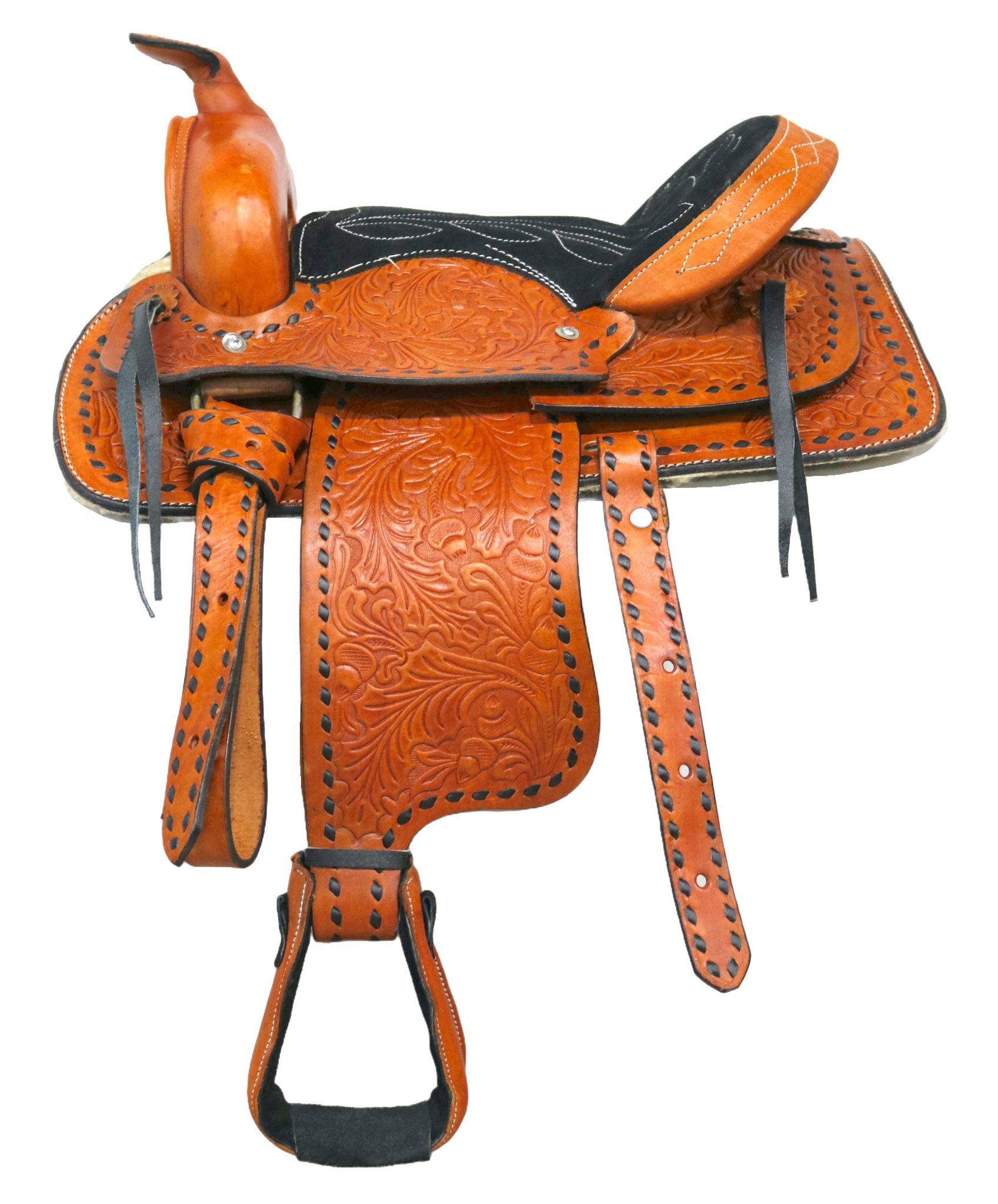 12" Western Tan Buckstitch Laced Leather Pony Kid Saddle - M-Royal Saddles