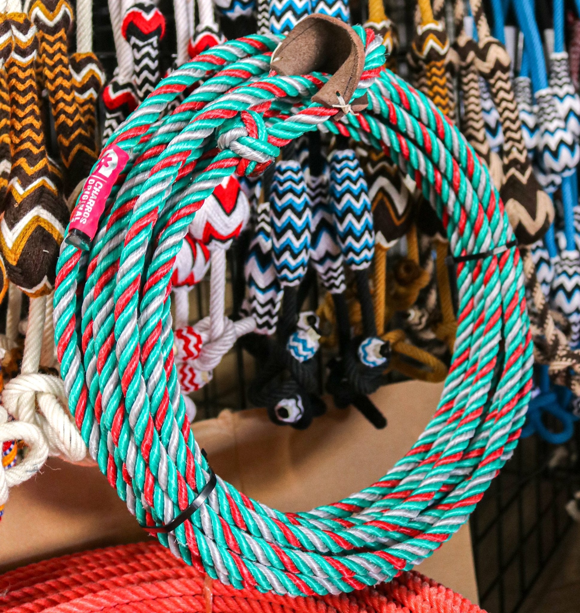 39 FT. Charro Green/Red Soga Para Florear Trick Rope - M-Royal Saddles